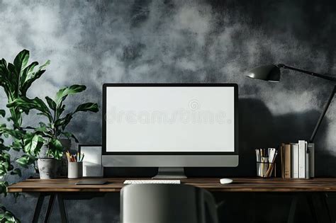 Minimalist Home Office Desk Setup With A Blank Computer Screen Stock Illustration Illustration