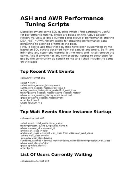 Ash And Awr Performance Tuning Scripts Pdf Sql Information Management