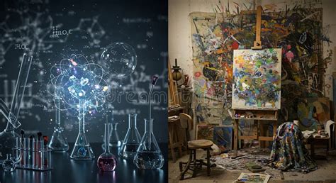 A Split Image Juxtaposes Science And Art On The Left A Digital Representation Of Stock