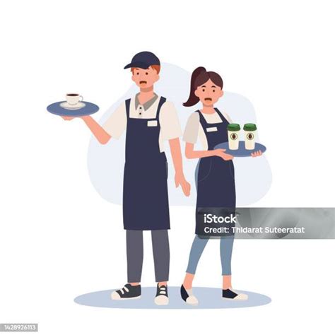 웨이터와 웨이트리스의 전체 길이는 커피와 함께 트레이를 들고 있습니다 벡터 일러스트레이션 앞치마에 대한 스톡 벡터 아트 및 기타 이미지 Istock