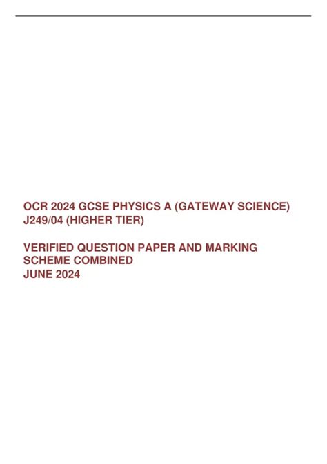 Ocr 2024 Gcse Physics A Gateway Science J249 04 Higher Tier Verified Question Paper And