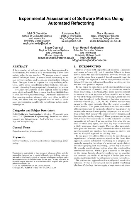 Pdf Experimental Assessment Of Software Metrics Using Automated