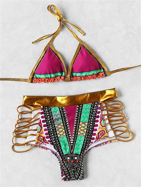 Mixed Print Ladder Cutout High Waist Bikini Set Shein Sheinside