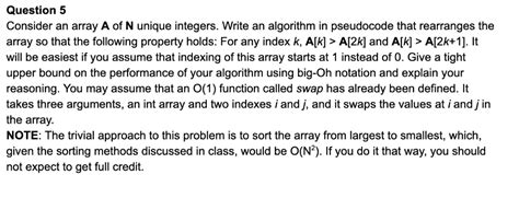 Solved Question 5 Consider An Array A Of N Unique Integers