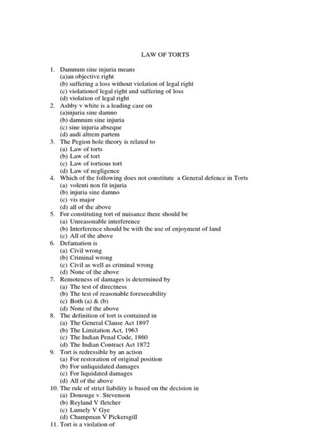 Law Of Torts Questions Pdf Tort Negligence