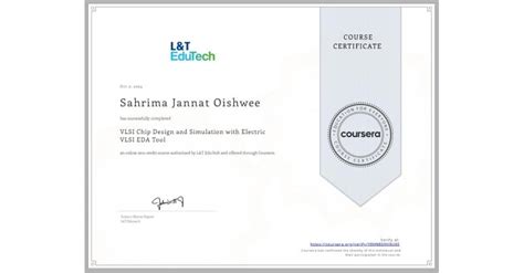 Completion Certificate For Vlsi Chip Design And Simulation With Electric Vlsi Eda Tool Sahrima
