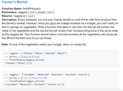 Solved Function Name Freshproduce Parameters Veggies