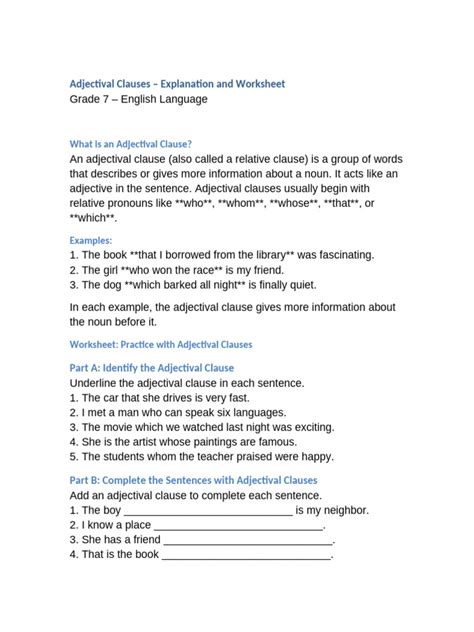 Adjectival Clauses Explanation And Worksheet Pdf Adjective Clause