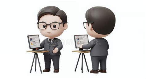 Chibi Male Backend Developer 3d Render Grey Suit Glasses Laptop
