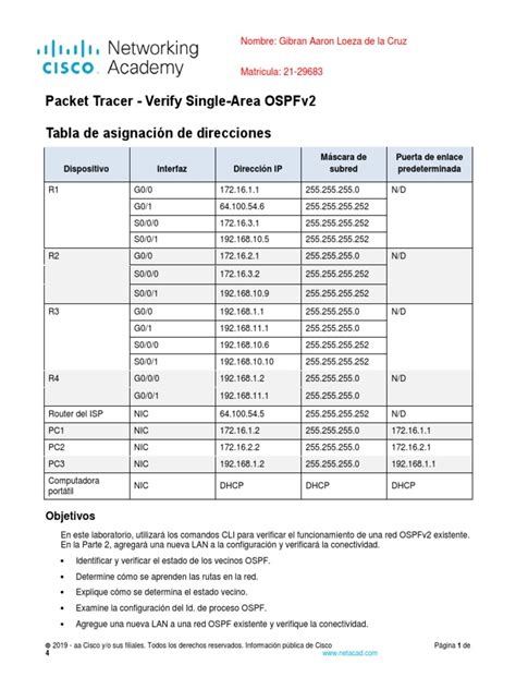 completado g 2 6 6 packet tracer verify single area ospfv2 pdf enrutador computación