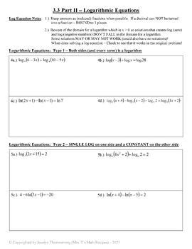 Pre Calculus H Section Notes Exponential Logarithmic Equations