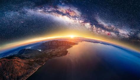 Landscape With Milky Way Galaxy Sunrise And Earth View From Space With