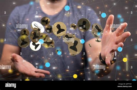 A 3d Rendering Of Floating Connected Profile Icons On A Palm Of A Hand