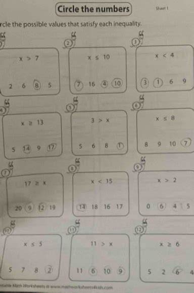 solved circle the numbers sheet 1 rcle the possible values that