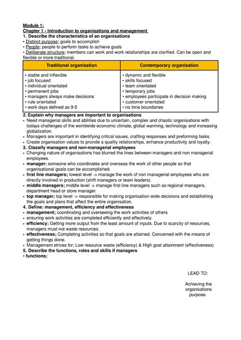 Management Notes For Final Module Chapter Introduction To Organisations And Management