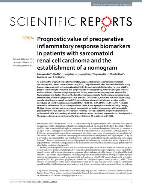 Pdf Prognostic Value Of Preoperative Inflammatory Response Biomarkers