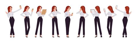 비즈니스 컨설턴트 전문 레이디 세트 가제트 포즈를 들고 매력적인 여자 등장인물에 대한 스톡 벡터 아트 및 기타 이미지 등장