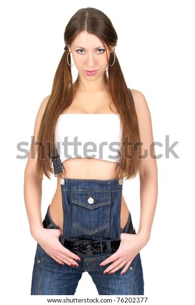 Стоковая фотография 76202377 Beautiful Sexy Woman Jeans Overall Isolated Shutterstock