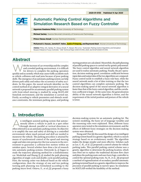 Pdf Automatic Parking Control Algorithms And Simulation Research Based On Fuzzy Controller