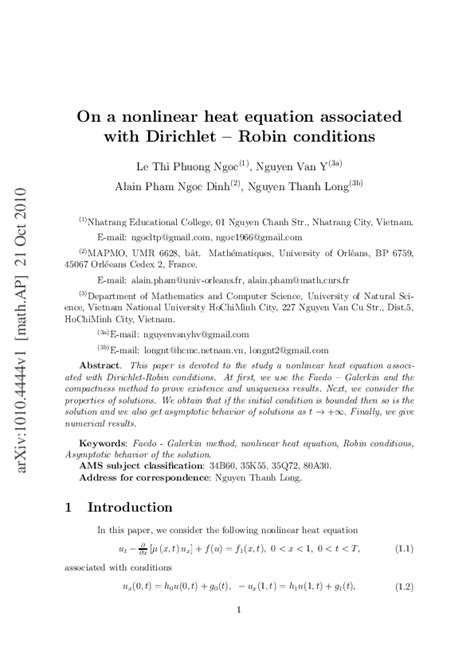 Pdf On A Nonlinear Heat Equation Associated With Dirichlet Robin Conditions