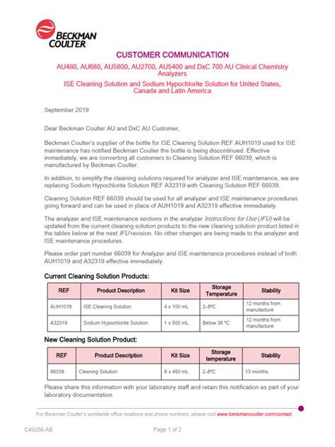 Beckman Coulter Cleaning Solution Update Pdf