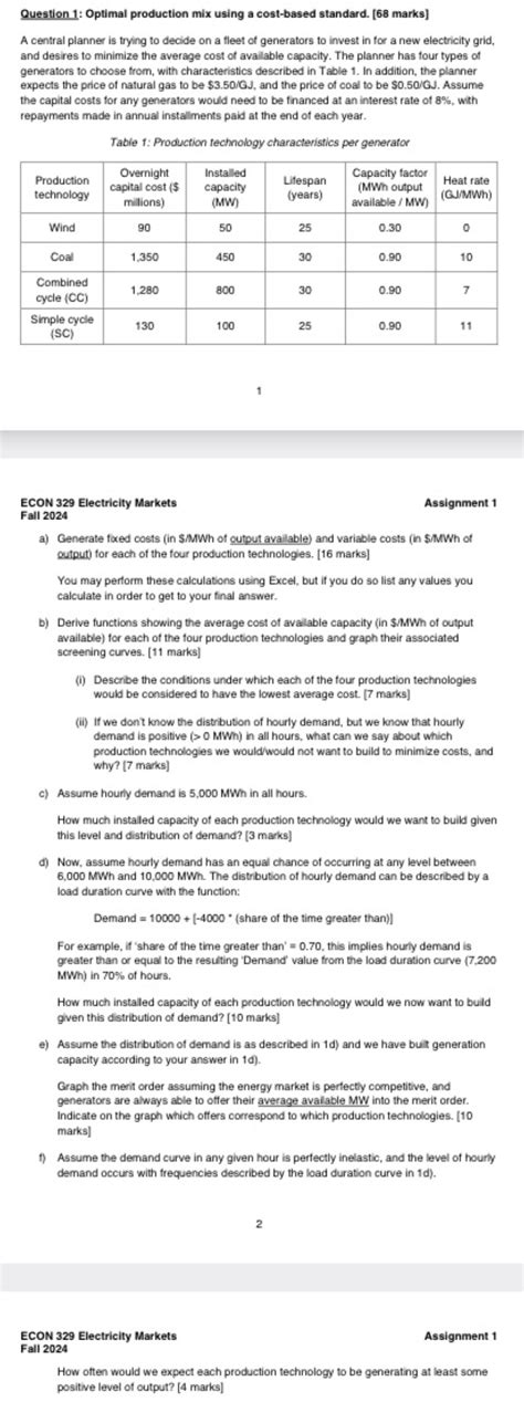 Solved Do Only Question 1d Question 1 Optimal Production