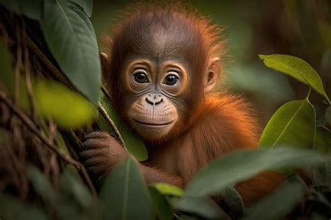 Un Orangután Bebé Salvaje En Indonesia Kalimantan La Isla De Borneo