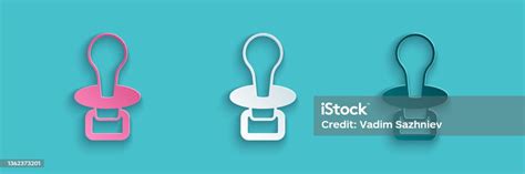 종이 잘라 아기 더미 젖꼭지 아이콘은 파란색 배경에 격리 아이의 장난감 종이 아트 스타일 벡터 3차원 형태에 대한 스톡 벡터 아트 및 기타 이미지 Istock