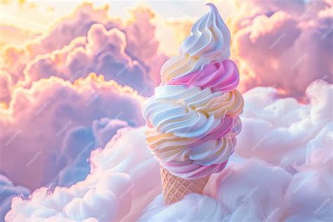 Premium Photo Dreamy Pastel Swirled Ice Cream Cone Against Cloudscape