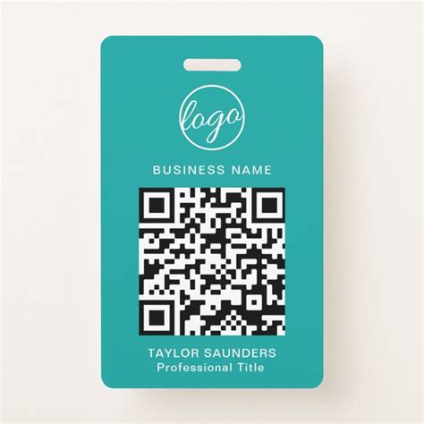 Personalized Teal Logo Qr Code Employee Id Work Badge Zazzle Work Badge Coding Badge