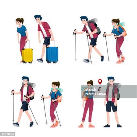 젊은 행복한 남자와 여자 관광객 플랫 만화 캐릭터 여름 휴가 여행에서 남성과 여성 사람들을 여행하는 전 세계 흰색 배경에 고립