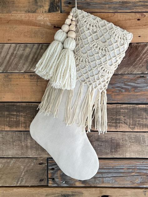 Fringy 204 Christmas Stocking Boho Crochet Fringe Wooden Beaded Tassel