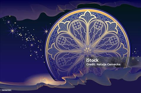 마법의 기호가 있는 판타지 추상적인 배경 금색 효과가 있는 짙은 파란색 밤하늘 그림 인사말 카드 포스터 벽지 초대장 장식을