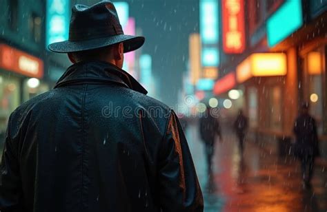 Back Male Detective Spy Hat Coat Street Night Rain Noir Style Stock
