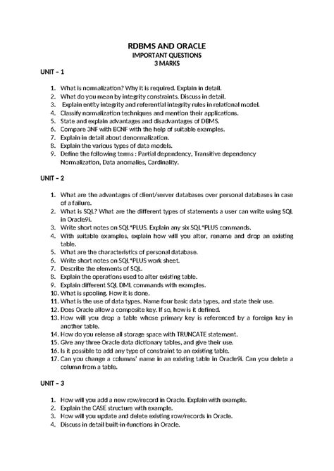 Rdbms And Oracle Rdbms And Oracle Important Questions 3 Marks Unit