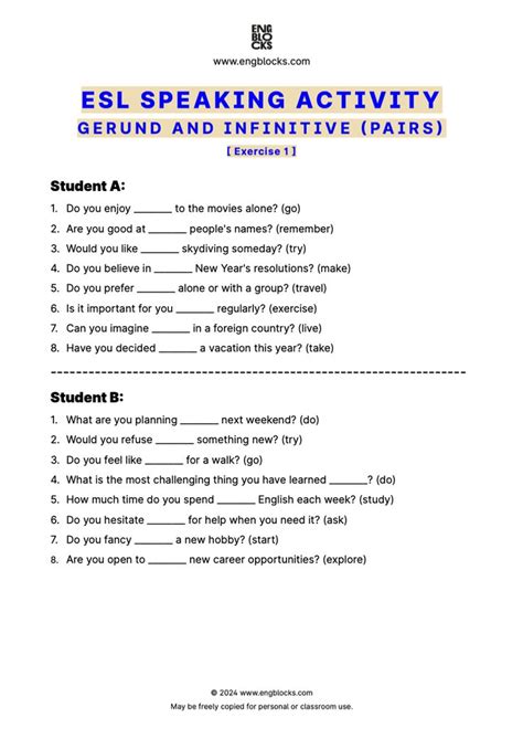 Esl Speaking Activity — Gerunds And Infinitives Speaking Activities