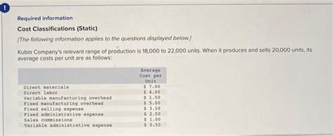 Solved Required Information Cost Classifications Static