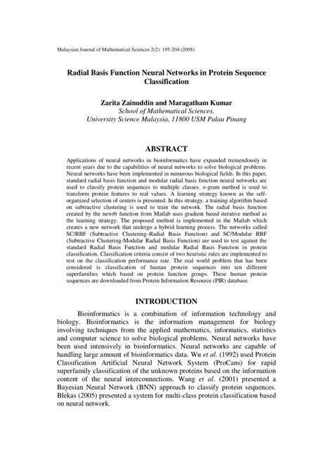 Pdf Radial Basis Function Neural Networks In Protein Sequence Classification