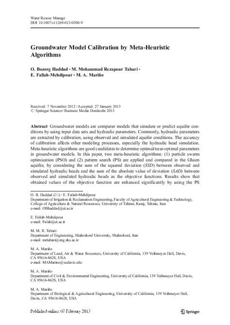 Pdf Groundwater Model Calibration By Meta Heuristic Algorithms