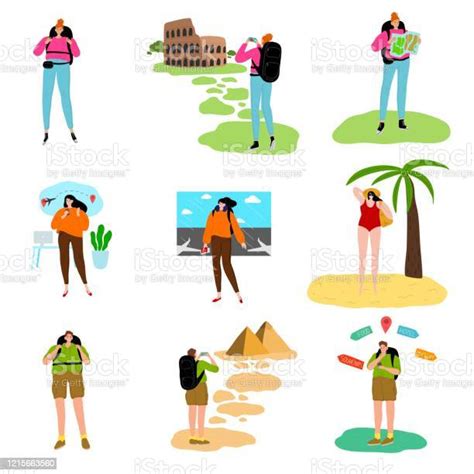 배낭 벡터 일러스트와 함께 세계를 여행하는 여성과 남성 개념에 대한 스톡 벡터 아트 및 기타 이미지 개념 개체 그룹 남자