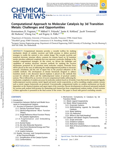 PDF Computational Approach To Molecular Catalysis By D Transition Metals Challenges And