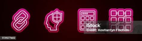 라인 체인 링크 방패가 있는 헤드 암호 보호 및 그래픽 암호를 설정합니다 빛나는 네온 아이콘입니다 벡터 경호에 대한 스톡 벡터 아트 및 기타 이미지 Istock