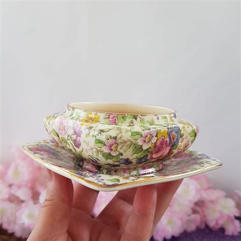 Vintage Summertime Jam Pot 1930s English Chintz Pottery Floral Saucer