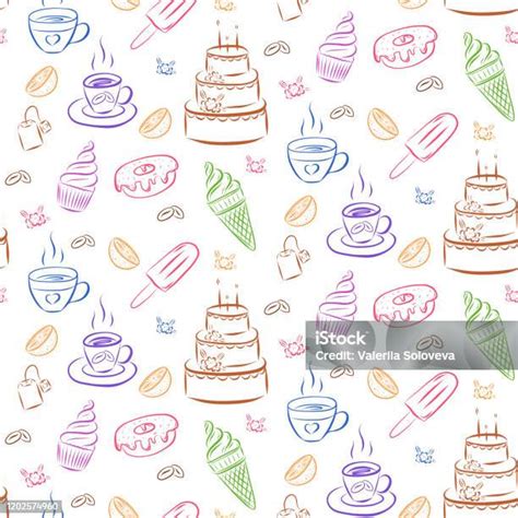 컵 케이크 아이스크림 차 커피 콩 케이크 아이스캔디와 도넛머그잔의 원활한 패턴 밝은 배경에 여러 가지 색요소의 색상 벡터 패턴입니다 손으로 그려집니다 제과 냅킨 포장 의