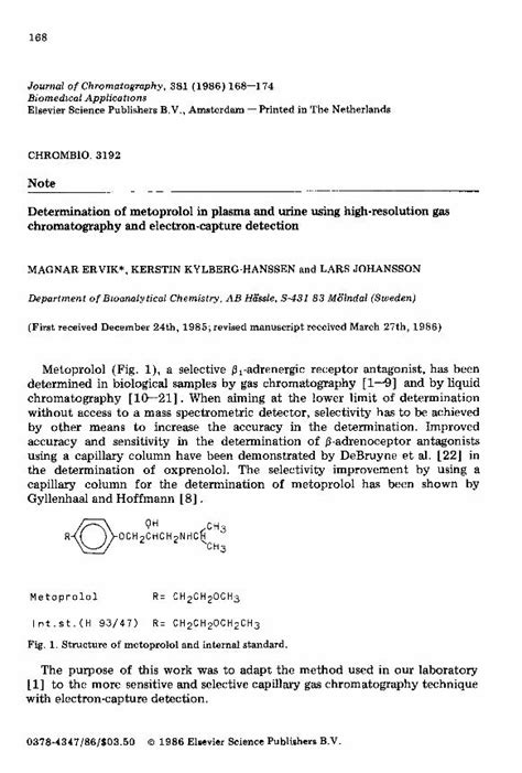 Pdf Determination Of Metoprolol In Plasma And Urine Using High Resolution Gas Chromatography
