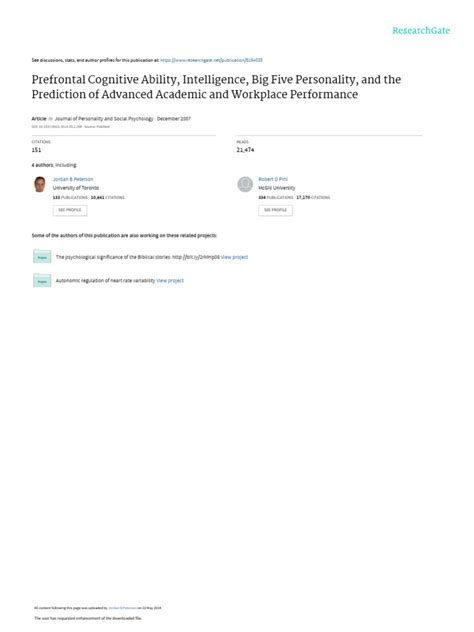 Prefrontal Cognitive Ability Intelligence Big Five Personality And The Prediction Of Advanced