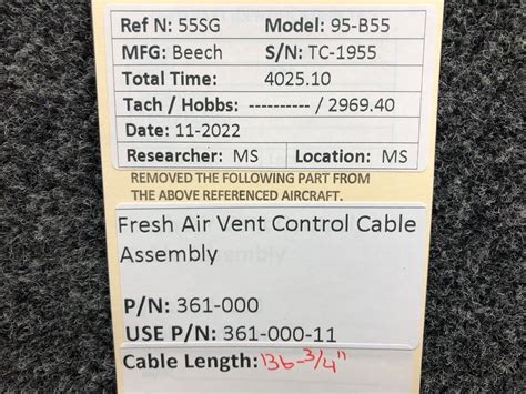 361 000 Use 361 000 11 Beech Fresh Air Vent Control Cable Assy 136