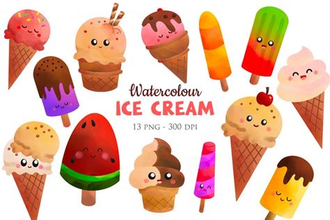 Cute Watercolour Ice Cream Dessert Cartoon Clipart Vector