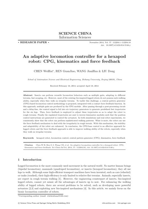 Pdf An Adaptive Locomotion Controller For A Hexapod Robot Cpg