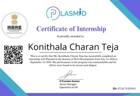 completed 2 months of web development internship at plasmid charan